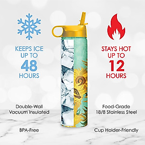 RainCaper 18/8 Stainless Steel Insulated Water Tumbler with Straw | 24oz, BPA-Free, Double Wall for Hot & Cold | Travel-Friendly, Cup Holder Ready (van Gogh Sunflowers)