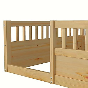 Favfurish Full Size Montessori Floor Bed, Solid Wood Playhouse Bedframe with Safety High Fence for Kids, Girls, Boys, Bedroom, Playroom, Easy Assembly & No Box Spring Needed, Natural