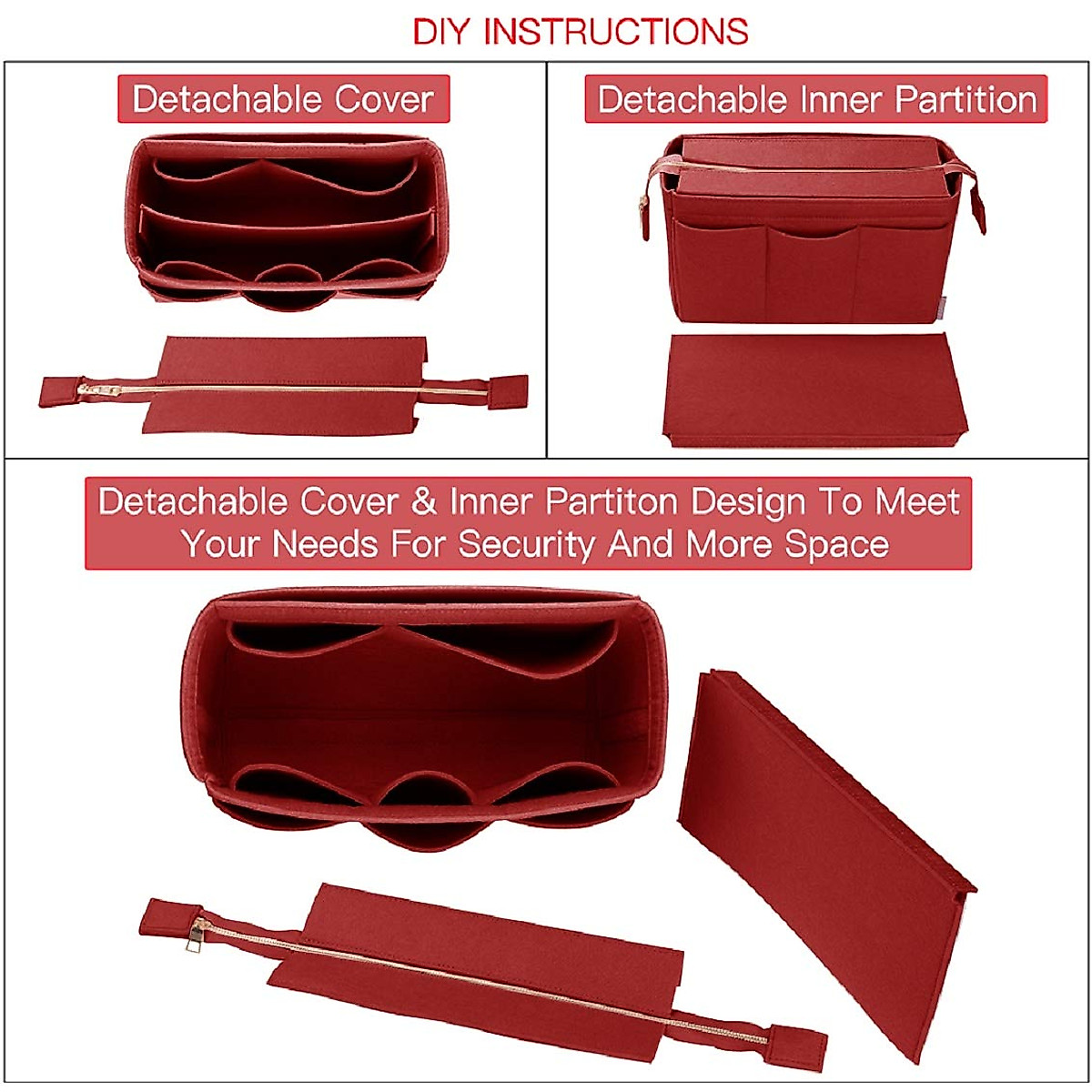 Purse Organizer Insert,Felt Bag Organizer with NEW Detachable Zipper cover, fits, St Lious, Tote and handbag shaper (Medium, Red)