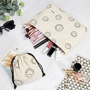 WLLWOO Makeup Bag-2pcs Smile Face Corduroy Cosmetic Bag Zipper Interior Waterproof Pencil Case Coin Purse Travel Toiletry Small Makeup Pouch For Women