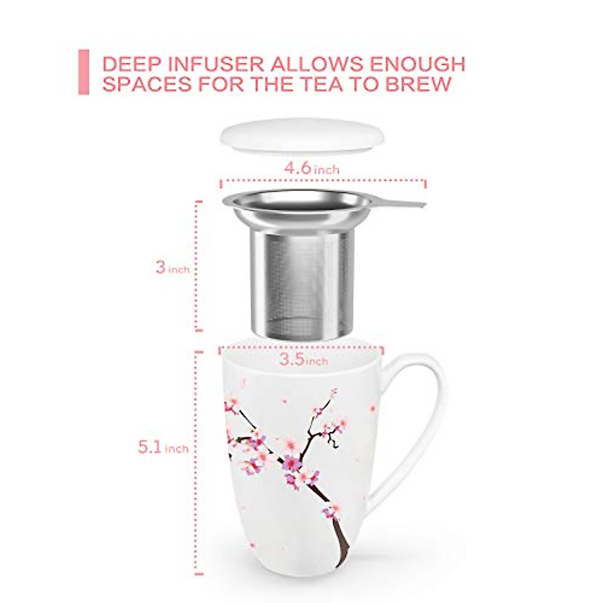 immaculife Tea Cup with Infuser and Lid for Steeping Loose Leaf Tea Bag Coffee Milk Women Office Home Gift 16oz Peach Blossoms
