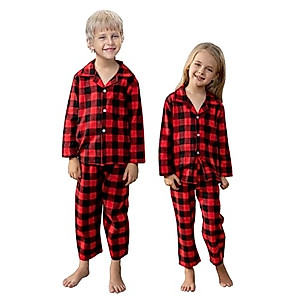 Schbbbta Kids Button Down Sleepwear Pjs Boys & Girls 2 Piece Plaid Pajama Set, Red Black, 4-5T = Tag 120
