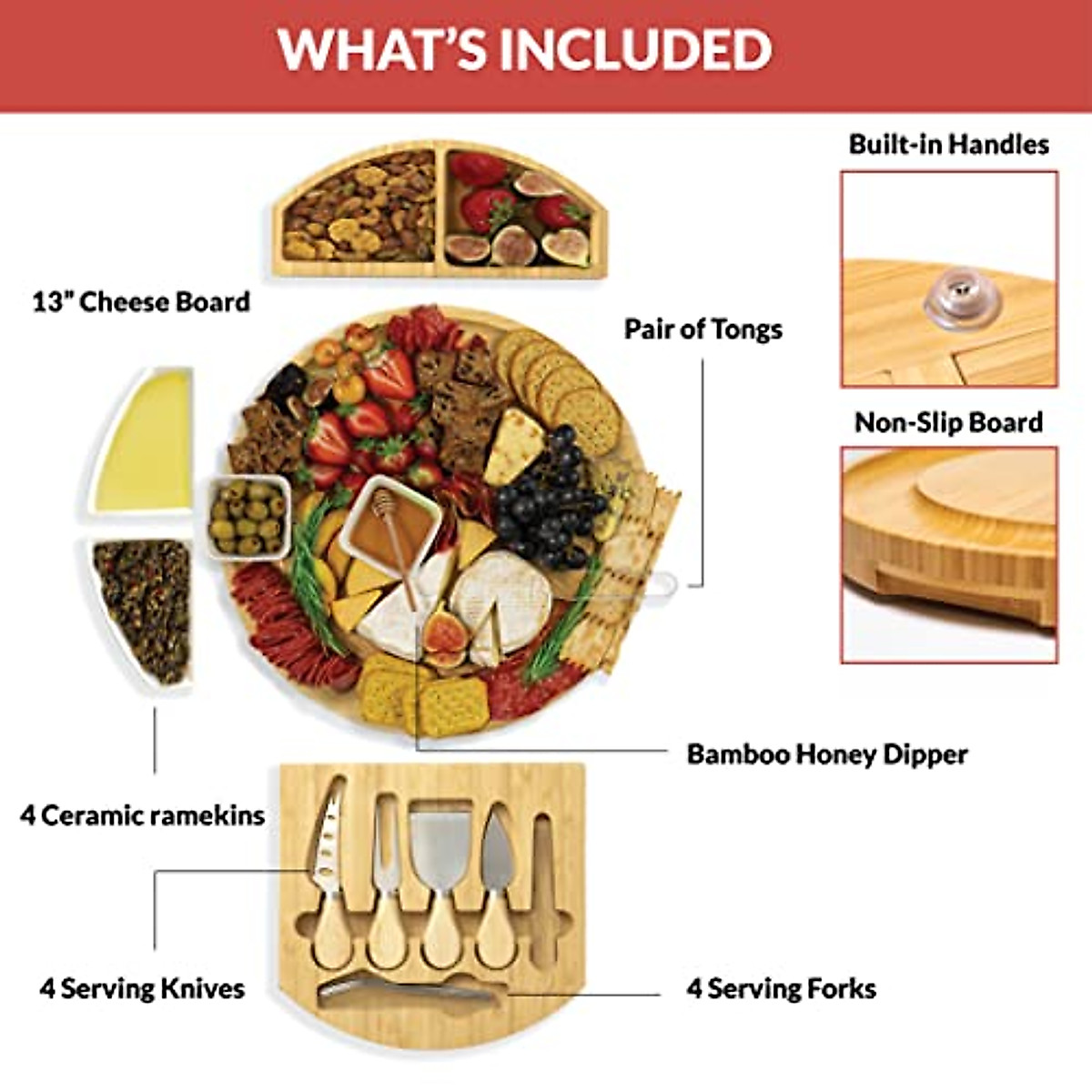 Round Cheese and Charcuterie Board Set - 13", Round Charcuterie Board, Bamboo Cheese Board and Knife Set, Beautiful Charcuterie Gift for Mom, Round Cheese Board Set, Circle Charcuterie Board Round