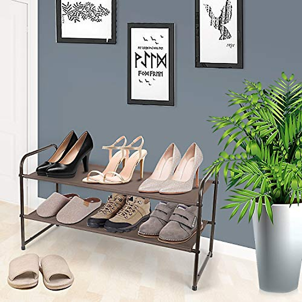 Simple Trending 2-Tier Stackable Shoe Rack, Fabric Shoe Shelf Storage Organizer, Bronze