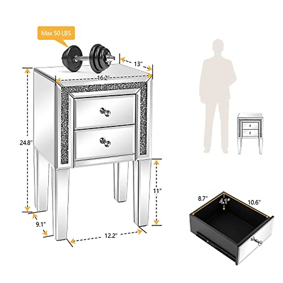 VINGLI Mirrored Nightstand Set of 2 Silver Glass Sofa/Couch Side Tables Bedroom End Tables with Storage, 24.8 inch Tall