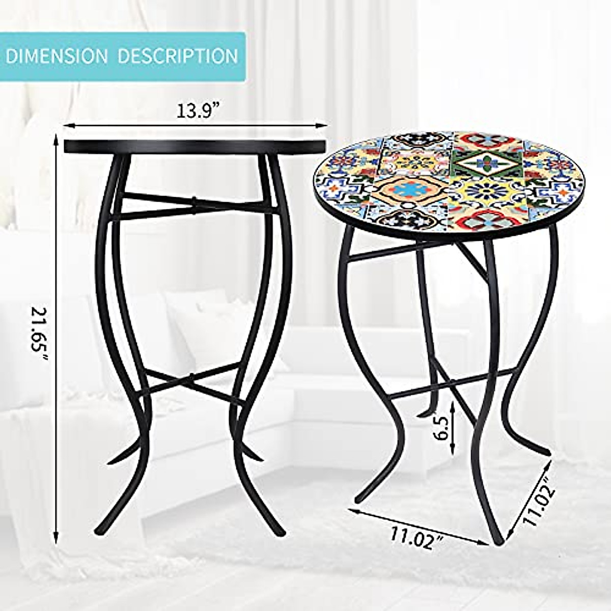 VCUTEKA Outdoor Mosaic Side Table - Small Patio Table Coffee Table Outside Accent Table Round End Plant Table for Bistro Balcony Porch Outdoor Benches 14''