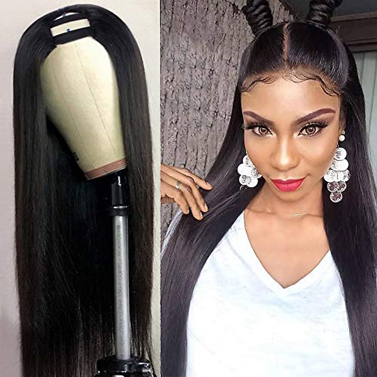CanaryFly U Part Wigs Human Hair Wigs For Black Women Brazilian Straight Human Hair Wigs None Lace Front Wigs Glueless Natural Color U-part Wigs Hair Extension Clip(26inch, U-Part wig)