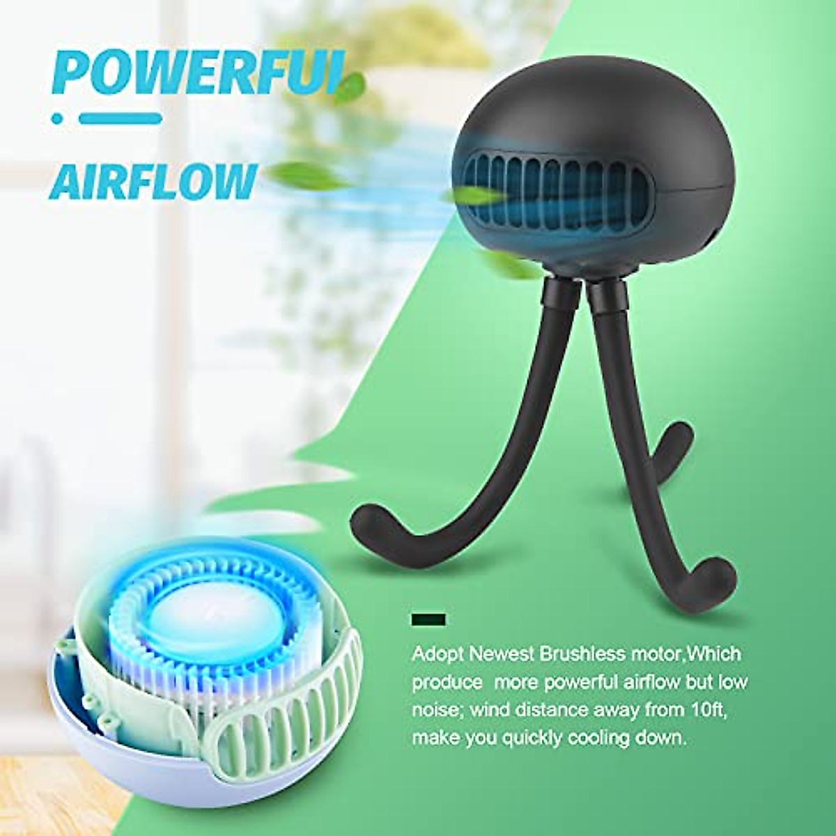 Stroller Fan Portable Bladeless Fan ​Mini Handheld Fan with Flexible Tripod Clip on Stroller Fan 3 Speeds Rechargeable Battery Operated Fan for Stroller, car Seat, Crib, Bike and Desktop (black)
