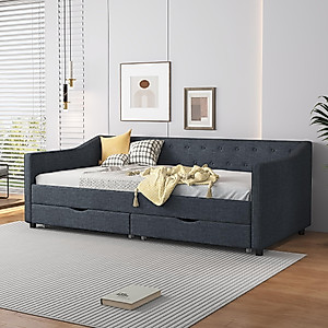 ACQCA Twin Size Daybed with Storage, Upholstered Day Bed Frame with 2 Drawers and Button Tufted Backrest,Wood Slat Support,No Box Spring Needed,Dark Grey