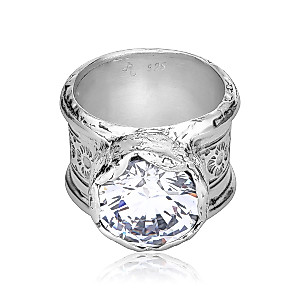 925 Sterling Silver Wide Engraved Floral Band Ring With White Round Cubic Zirconia Sculptured Bezel Hypoallergenic Nickel & Lead-free Artisan Handcrafted Designer Collection, Made in Israel