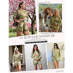 Ekouaer Knit Pajamas Set for Women Lounge Sets Long Sleeve Sweatsuit Matching 2 Piece Outfits Cute Sweater Sets Floral Green XXL