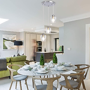 TeHenoo 3-Light Pendant Lighting, Clear Glass,Adjustable Cord,Brushed Nickel Pendant Light Fixtures for Kitchen,Dining Room,Bar