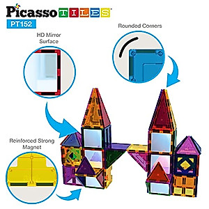 PicassoTiles 152pcs Clear Magnetic Tiles Set, Expansion Pack, Creative Magnet Building Blocks, Kindergarten Preschool Toddler Classroom Toys, Educational Learning STEM Toys for Boys and Girls