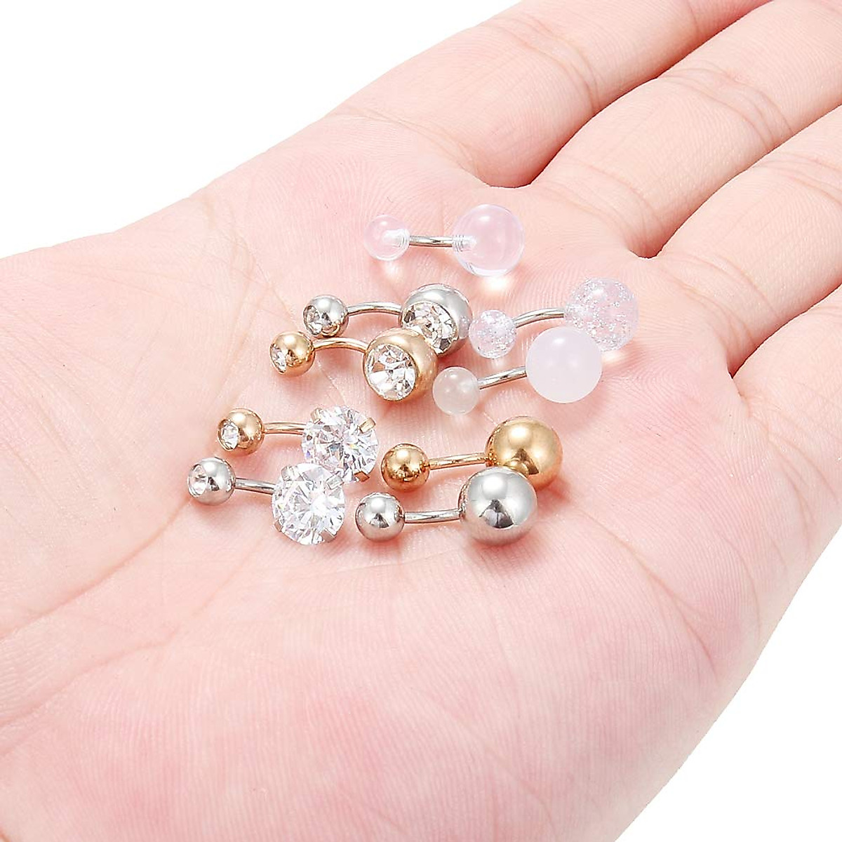 SCERRING 9PCS 16G 6mm 1/4 Inch 316L Surgical Steel Short Belly Button Rings Dangle Belly Earring CZ Navel Ring Barbell Body Piercing Silver & Rose Gold