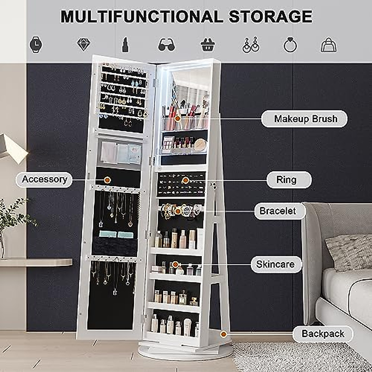 HNEBC LED Light Jewelry Storage Organizer, Armoire with Door Mirror 360° Rotating, Full Length Cabinet, ,Large Jewelry Boxes & Organizers（A White）