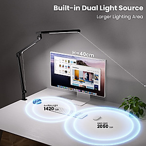 AmazLit Desk Lamp with Clamp, Eye-Care Swing Arm Desk Lamp, Stepless Dimming & Adjustable Color Temperature Modern Architect Lamp with Memory & Timing Function for Study, Work, Home, Office, 10W