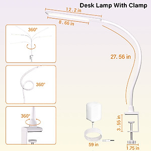 LED Desk Lamp With Clamp, 10W Gooseneck Lamps Touch Control,Swing Arm Clamp Lamp, Architect Clamp Desk Lamp Dimmable,Nail Lamp for Desk Table (White)