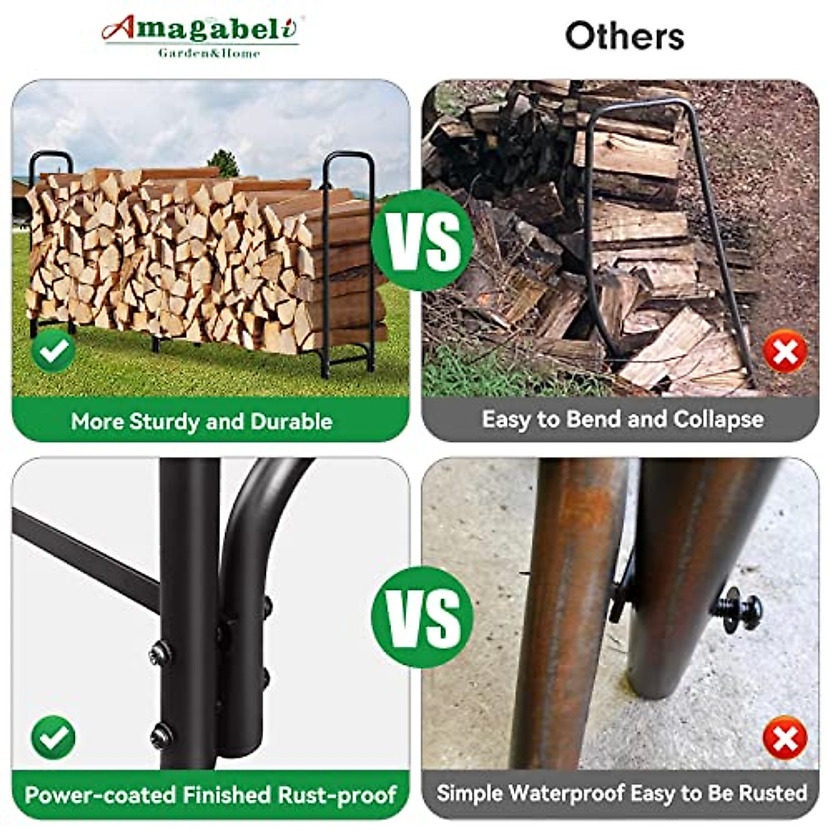 Amagabeli 8ft Firewood Log Rack with Cover Combo Set Waterproof Outdoor Log Holder for Fireplace Heavy Duty Wood Stacker for Patio Logs Pit Storage Steel Tubular Wood Pile Rack Tool Accessories Black