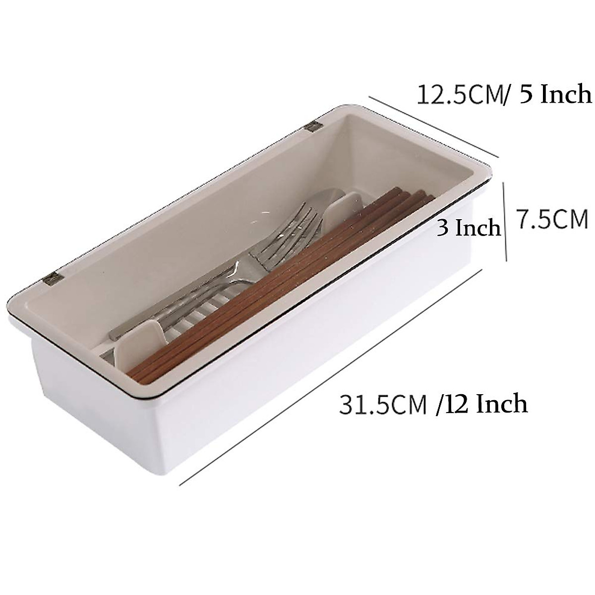 AIYoo Large Flatware Tray with Lid,Kitchen Cutlery and Utensil Drawer Organizer, Silverware Countertop Storage Container with Cover and Drainer,Camper Picnic Cutlery Holder,Plastic White