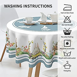 Easter Decorations Tablecloth Round 60 Inch - Blue Bunny Eggs Easter Tablecloths, Waterproof Farmhouse Table Cloth for Kitchen Dining Indoor Outdoor Decor (Blue easter tablecloths round, 60 inch)