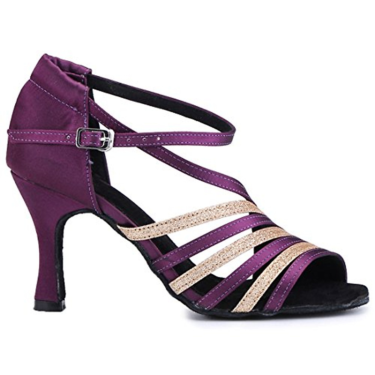 TDA Women's JFA1118 Ankle Strap Buckle Peep Toe Fashion Purple Satin Salsa Tango Ballroom Latin Modern Dance Wedding Shoes 7 M US