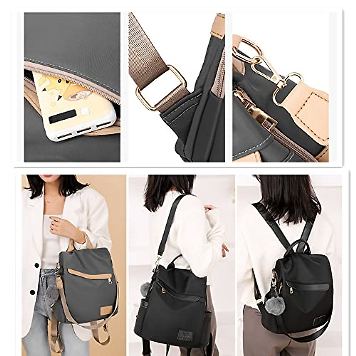 YBNGUAA 2 in 1 Women Backpack Purse, Ladies Nylon Backpack Purse Waterproof Anti-theft Rucksack, Crossbody Backpack Lightweight Shoulder Bag for Women (black)