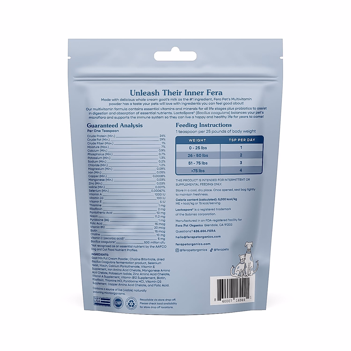 Fera Pet Organics Multivitamin Goat Milk Cat & Dog – Vet Created - Cat & Dog Multivitamin - Probiotics & Essential Vitamins & Minerals–60 Servings