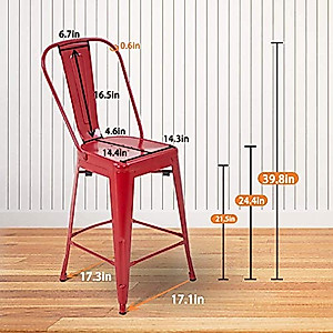 24 Inch Metal Bar Stools with Back Counter Height Bar Stools, Metal Chairs Set of 4 Indoor Outdoor Stackable Kitchen Stools Dining Chair Metal Restaurant Chair, Red