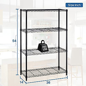 4 Tier Storage Shelves, Heavy Duty Metal Wire Storage Rack, 250LBS Per Capacity, Height Adjustable NSF Wire Shelving for Garage Kitchen Pantry (Black, 36" L x 14" W x 54" H)