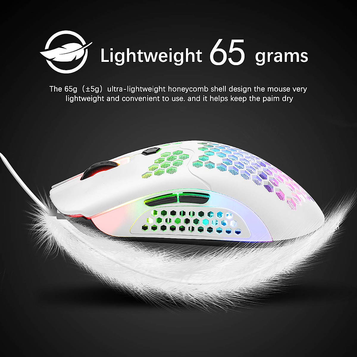 ZIYOU LANG M5 RGB Lightweight Wired Gaming Mouse with 12000 DPI 6 Programmed Buttons,65G Honeycomb Shell,Ultralight Ultraweave Cable,Pixart 3325 Optical Sensor Gamer Mice for Laptop PC Mac(White)