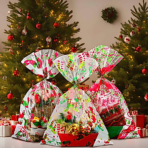 Cholemy 30 Pcs Christmas Large Cellophane Gift Basket Bags 19.7" x 27.6" Xmas Gift Bags Bulk Jumbo Holiday Plastic Gift Wrap Bags with 100 Twist Ties Snowflake Xmas Tree Goody Bags Xmas Party Supply