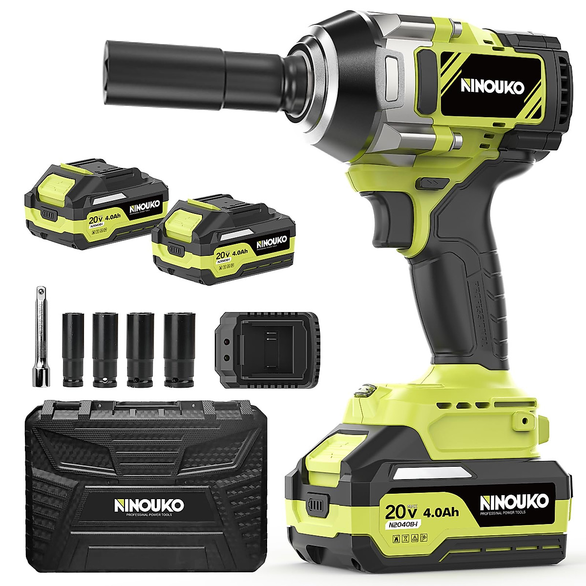 1000N.m (740 ft-lbs) Cordless Impact Wrench, 20V High Torque Brushless 1/2" Impact Gun with 2 x 4.0Ah Batteries and Fast Charger, 4 Sockets, 125mm Extension Bar - Perfect for Home, Car, and Truck Use