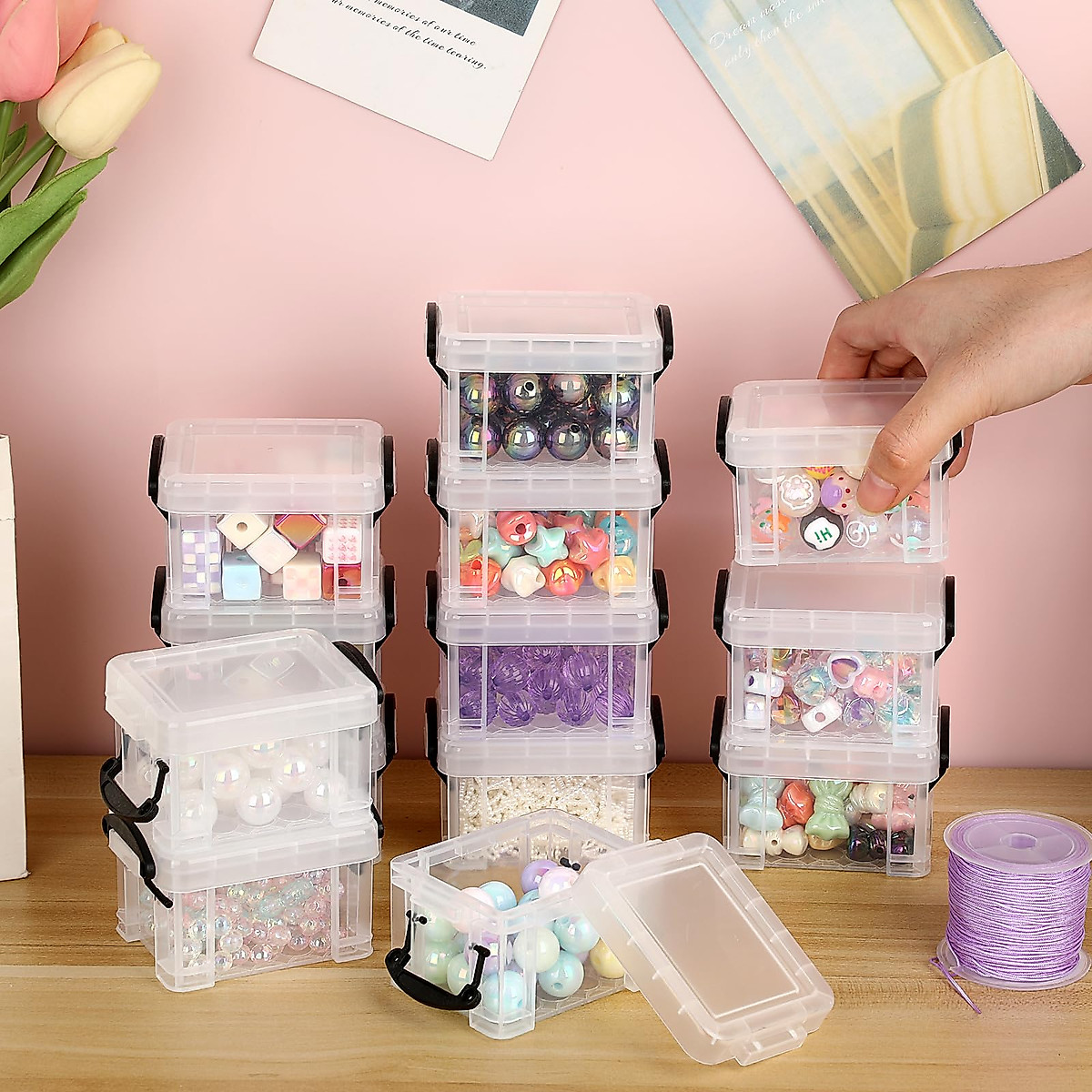 BTSKY 20 Packs Small Storage Bins with Lids Mini Plastic Bead Organizers-3.3Lx2.6Wx2H Inches Stackable Craft Storage Containers Clear Latching Boxes for Beads, Clips, Hairpins and Candy (Black)