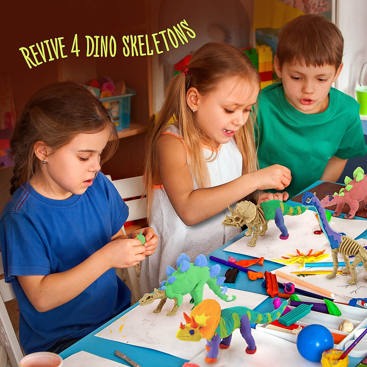 Dino Models, Clay Craft Kit - Dinosaur Arts and Crafts for Kids - Dinosaur Easter Gifts for Boys & Girls - Build 4 Dinos with Air Dry Magic Modeling Clay Model Set Ages 3, 4, 5, 7, 8+ Boy or Girl