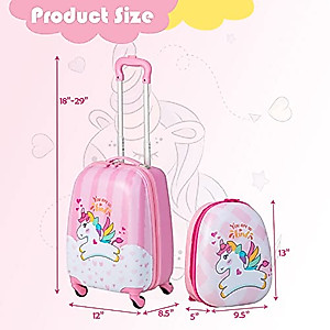 BABY JOY 2 Pcs Kids Luggage Set, 16" Toddlers Carry-on Suitcase & 12" Backpack Set, Children Travelling Case w/ 4 Casters, Retractable Handle, Lightweight Trolley Case for Boys Girls (Lovely Unicorn)