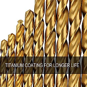 KIK Drill Bit Set- 13Pcs Titanium Coating High Speed Steel Twist Jobber Length for Wood Plastic Aluminum Alloy with Indexed Storage Case, 1/16"-1/4"
