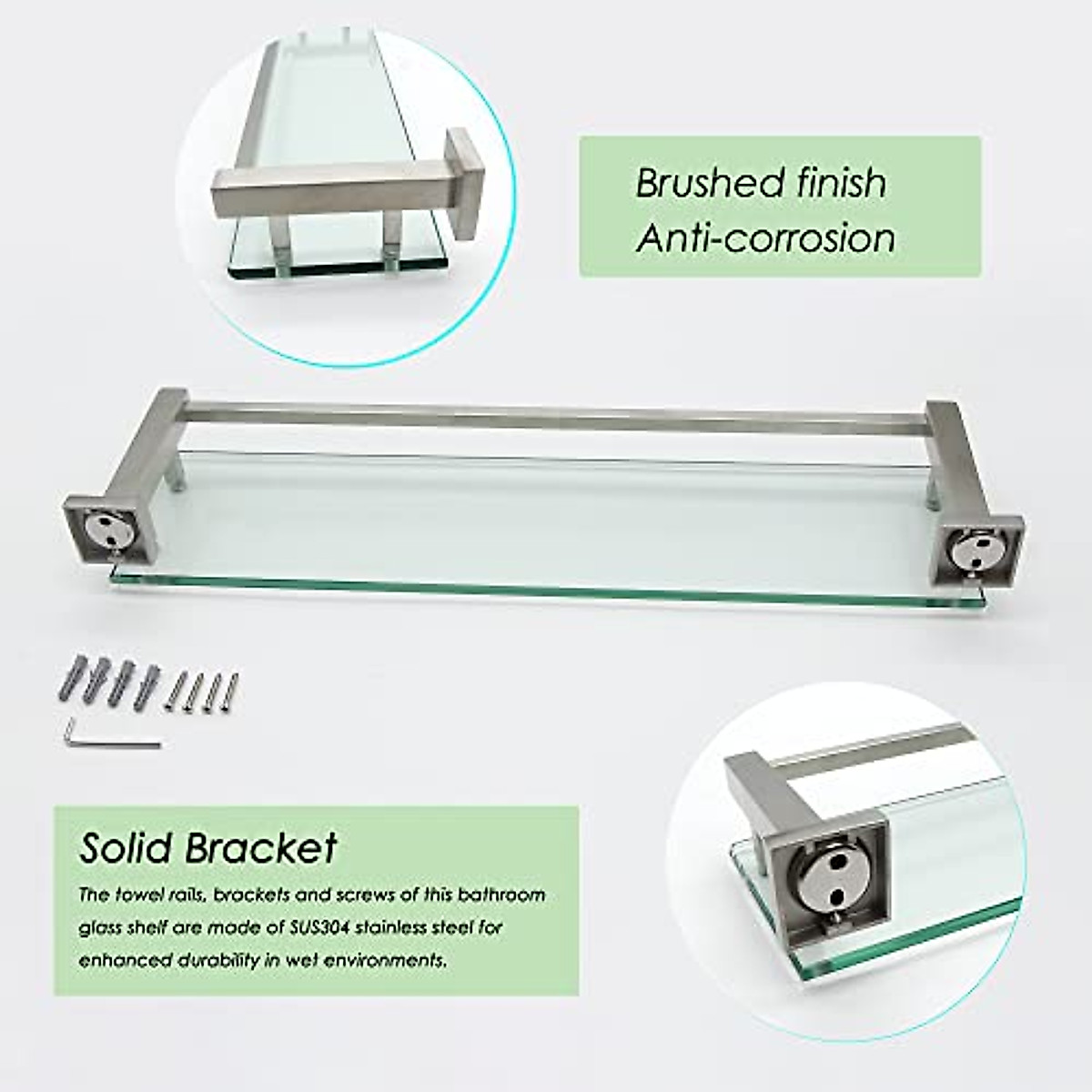 Bathroom Shelves Rectangle Tempered Glass Shelf SUS304 Stainless Steel with rail Lavatory Shower Caddy Floating Wall-Mount Home Decor Holder,20.5x5.3 inches Brushed Finish,1 Shelf with Hardware