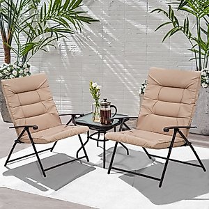 SUNCROWN 3-Piece Outdoor Furniture Patio Padded Folding Chair Set Patio Bistro Set Foldable Adjustable Reclining Lounge Chair with Coffee Table, Khaki