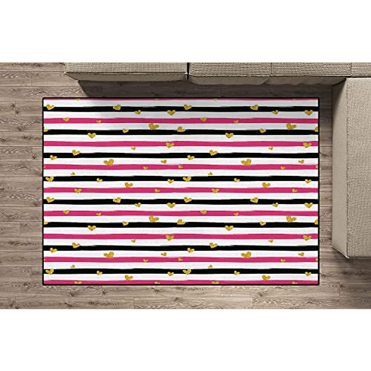 Gold and White Pattern Area Rug, Romantic Teenager Love Sign Hearts on Grunge Stripes Lines Decorative Contemporary Home Decor Hot Pink Black and White 59 x 71 Inch