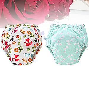 2pcs Breathable Cloth Bag Cotton Washable Nappy Leak Proof Cloth Diaper - Size S(1pc Green Flower, 1pc Fox)