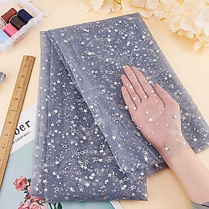 BENECREAT 3 Yards Gray Sequins Star Lace Fabric, 59 inch Wide Silver Star Fabric Skirt Dress for Wedding Dresses DIY Craft Embellishments