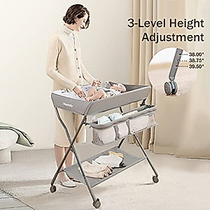 Maydolly Diaper Changing Table with Wheels, Foldable Nursery Organizer - Adjustable Height Changing Station with Large Storage Racks for Newborn Baby and Infant, Gray