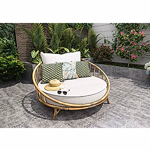 ZEW Bamboo Round Daybed Outdoor Indoor Large Accent Sofa Chair Lawn Pool Garden Seating with Cushion and Pillows Sofabed, Natural