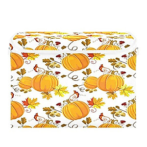 Storage Bins with Lids Foldable Storage Baskets Storage Cubes Collapsible Closet Organizer Containers with Cover Pumpkins and Yellow Maple Leaves for Home Office Organizer Closet, Shelves, Toy, Nurser