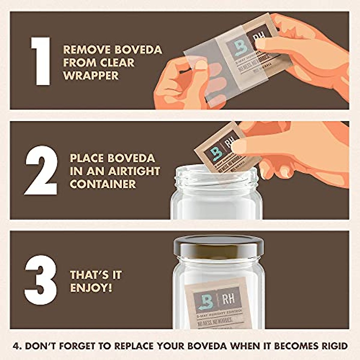 Boveda 72% RH 2-Way Humidity Control – Restores & Maintains Humidity – All In One Solution For Humidification- Patented Technology – Convenient & Versatile - 4 Count Resealable Bag