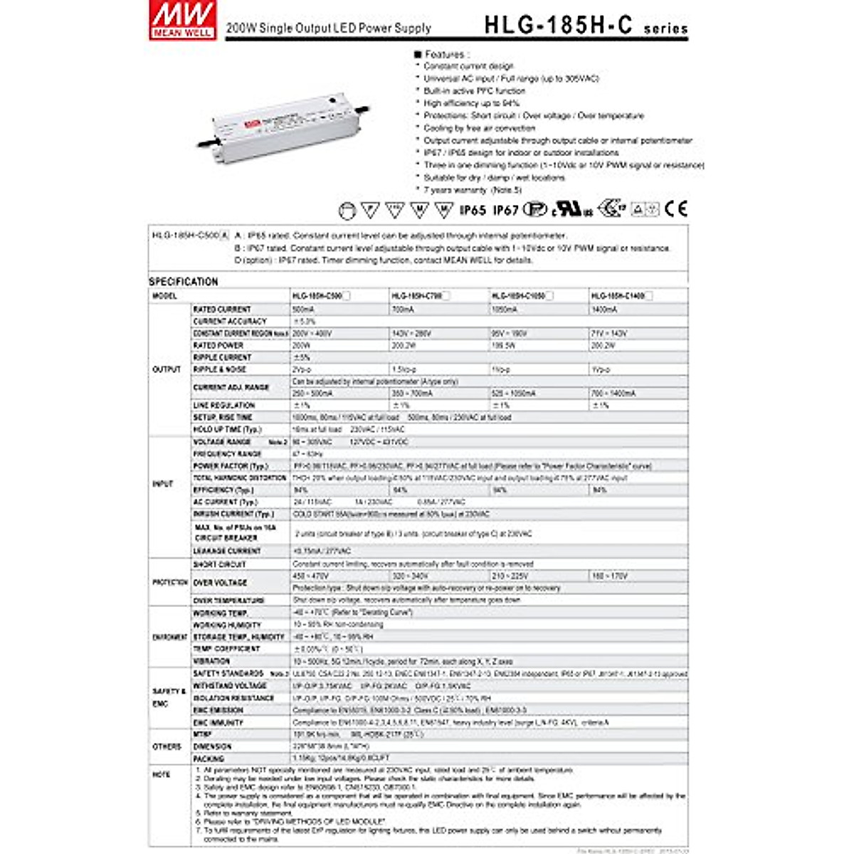 Mean Well HLG-185H-C1400B Power Supply, Single Output, LED, 200 W, 1.5" H x 2.7" W x 9" L