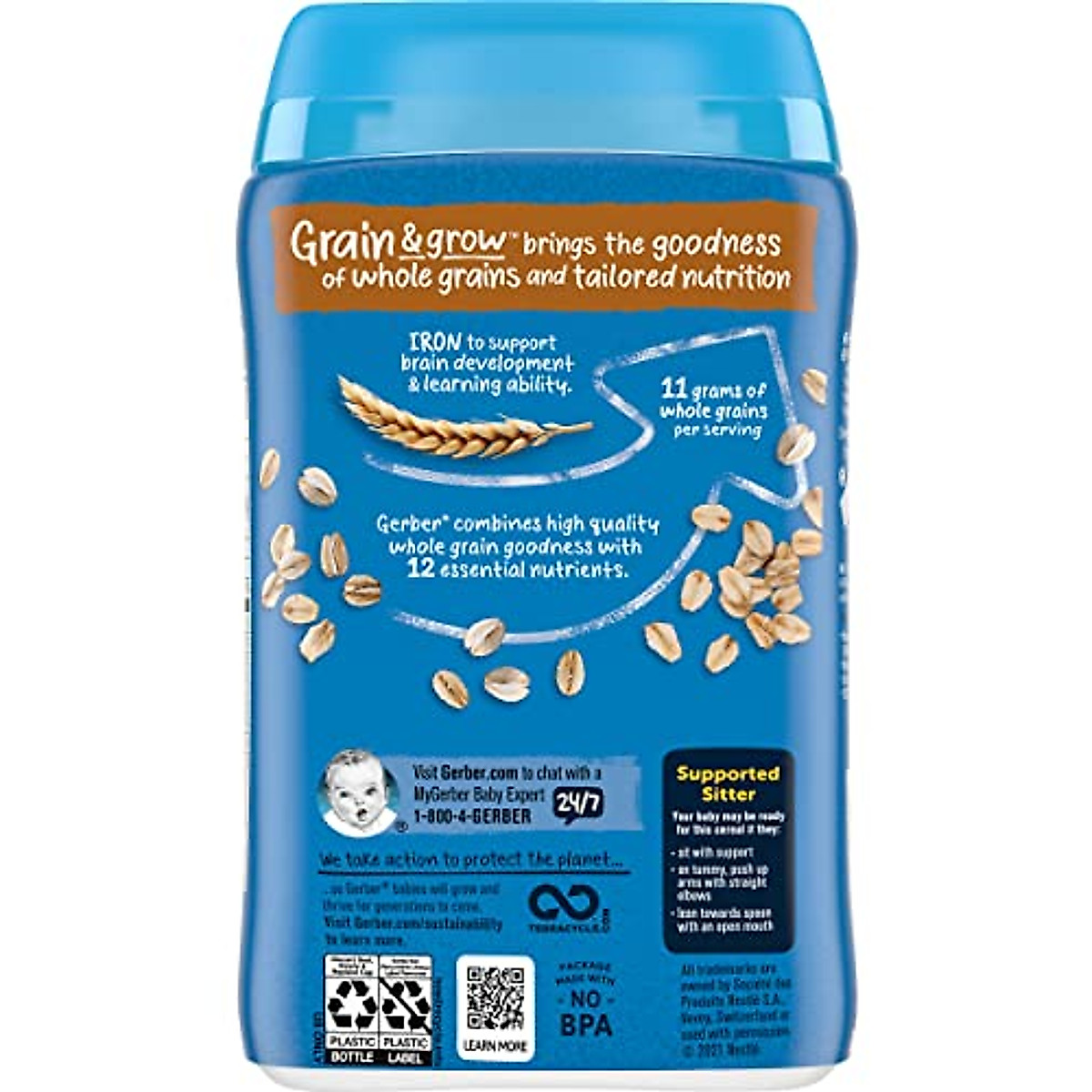 Gerber Cereal for Baby 1st Foods Grain & Grow Oatmeal Cereal, Made with Whole Grains & Essential Nutrients, Non-GMO, For Supported Sitters, 8-Ounce Canister (Pack of 9)