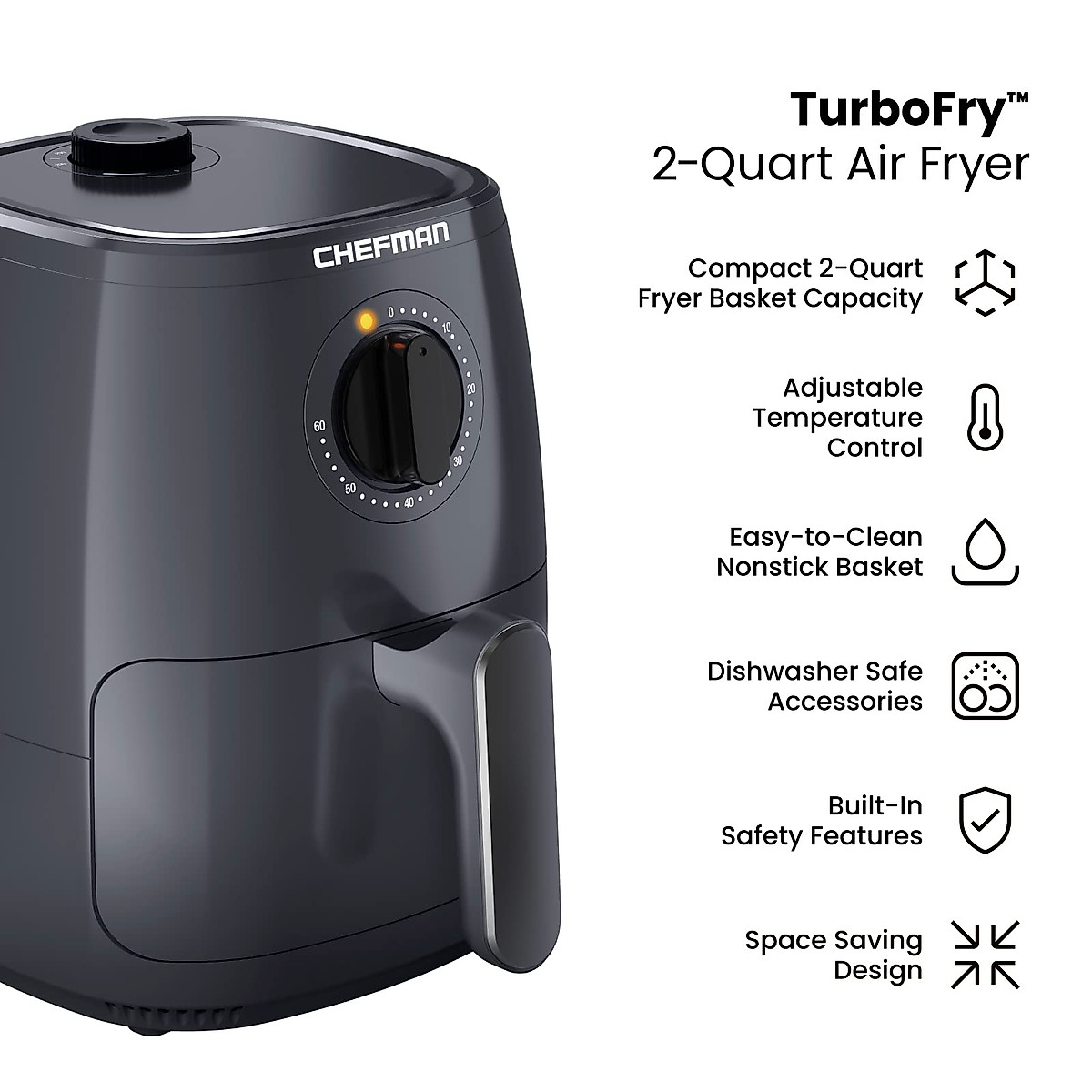 Chefman TurboFry 2-Quart Air Fryer, Dishwasher Safe Basket & Tray, Use Little to No Oil For Healthy Food, 60 Minute Timer, Fry Healthier Meals Fast, Heat And Power Indicator Light, Temp Control, Grey