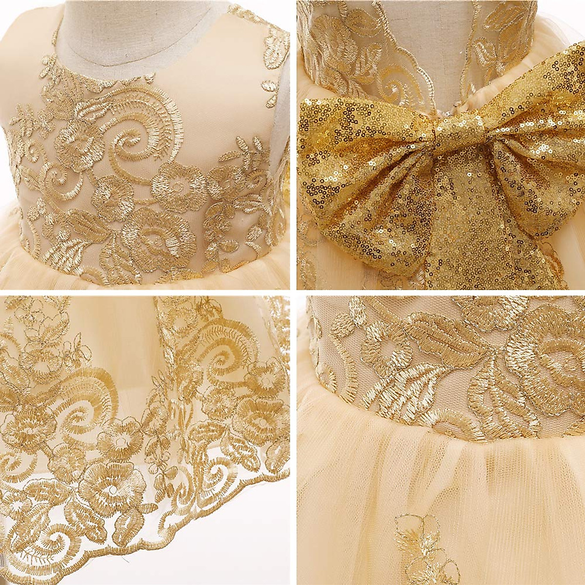 Lace Flower Girls Sequins Bowknot V-Back Tutu Dress for Kids Baby Christening Baptism Communion Birthday Party Dress Toddler Princess Pageant Wedding Bridesmaid Gown with Headwear 002 Gold 0-3 Months