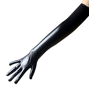 Yilistore 21 Inch Sexy Wet Look Gloves,Women's Metalic Satin Cosplay Finger Gloves for Halloween,Christmas,Evening Party Stage (Black)